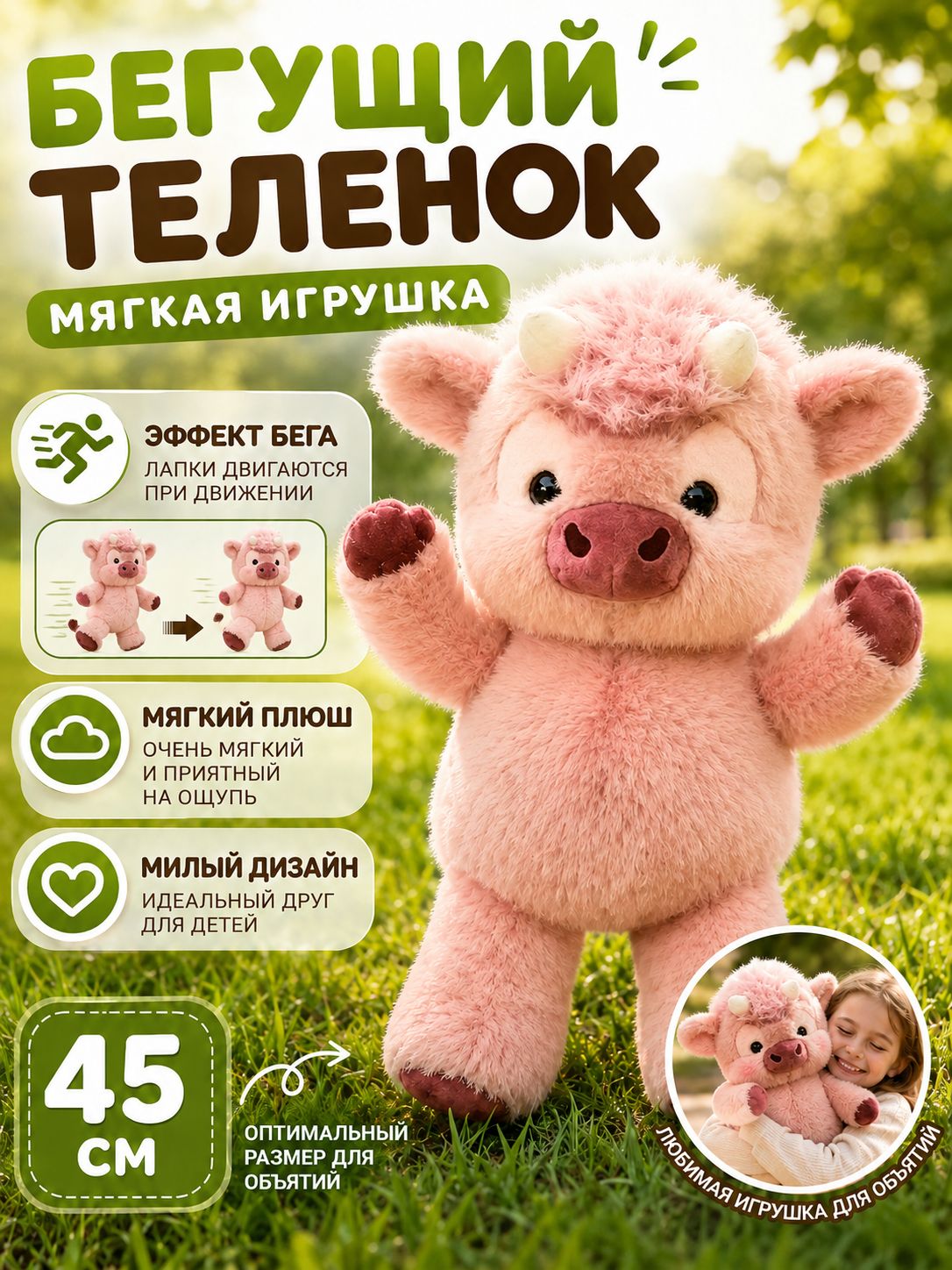 45 см, Бегущий теленок игрушка мягкая, Детские подарки