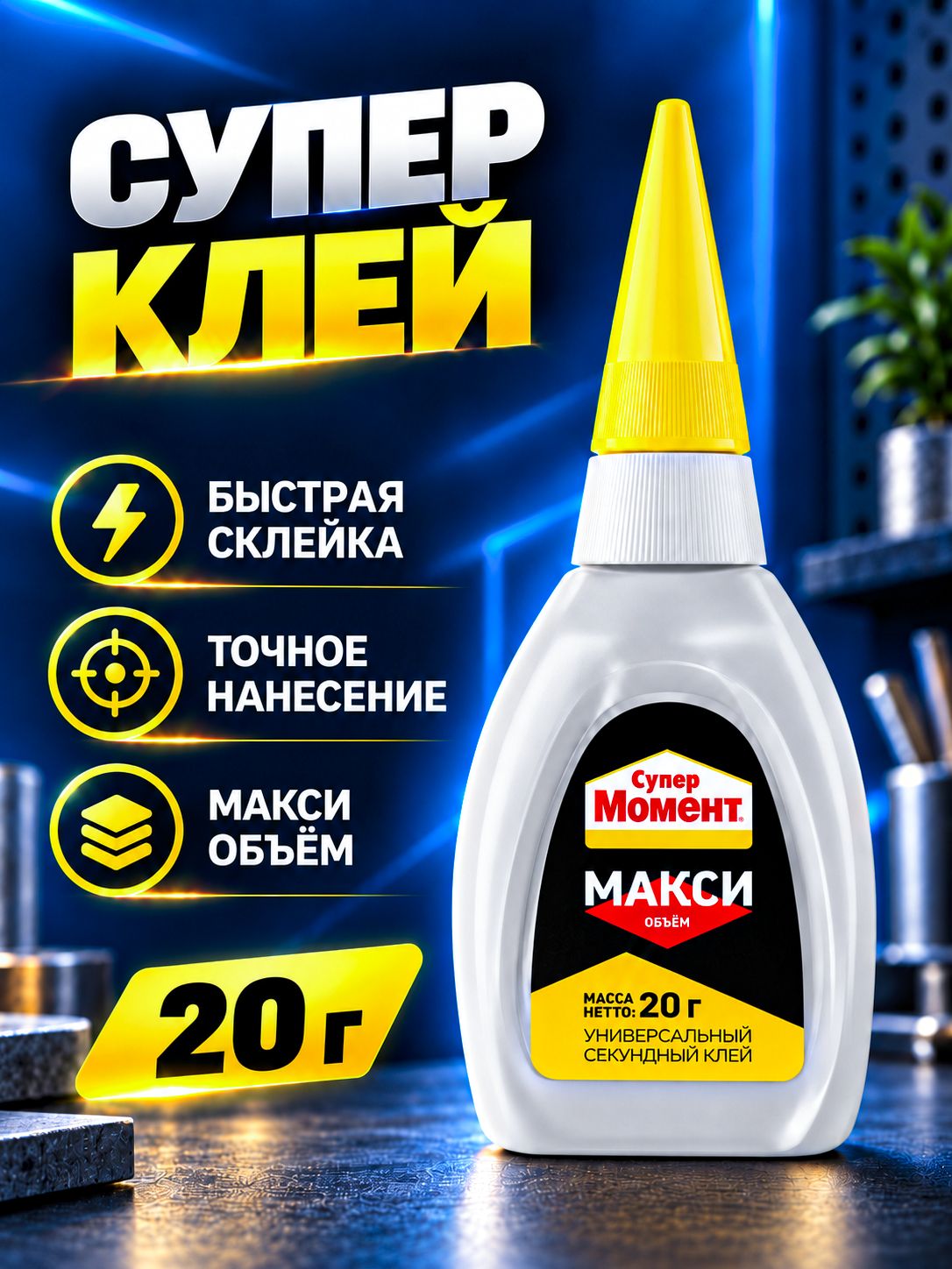 Супер клей Момент Макси 20 г, секундный универсальный прозрачный водостойкий
