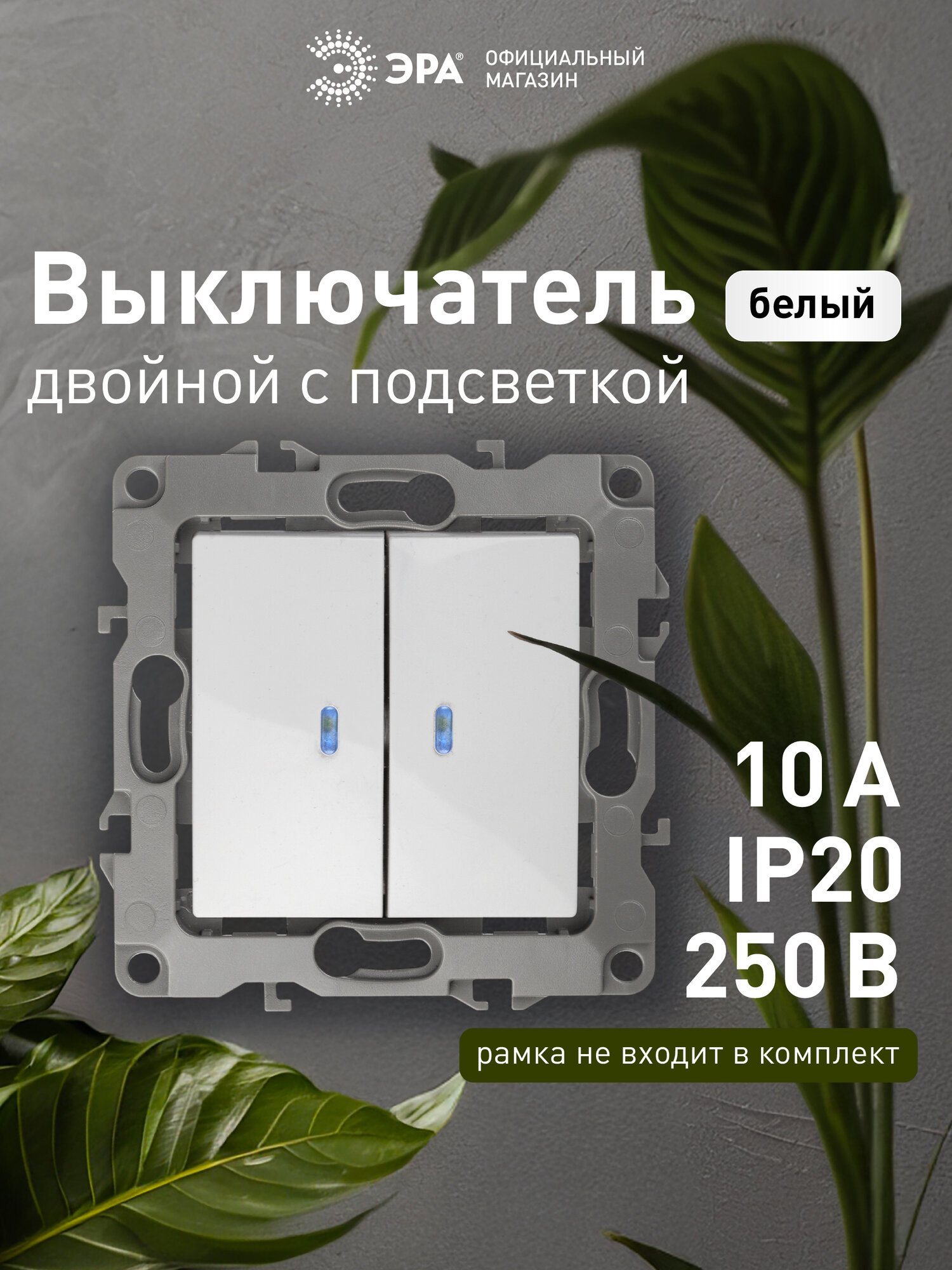 Выключатель двухклавишный с подсветкой встраиваемый ЭРА 12 1105-01,10АХ-250В, скрытой установки, белый