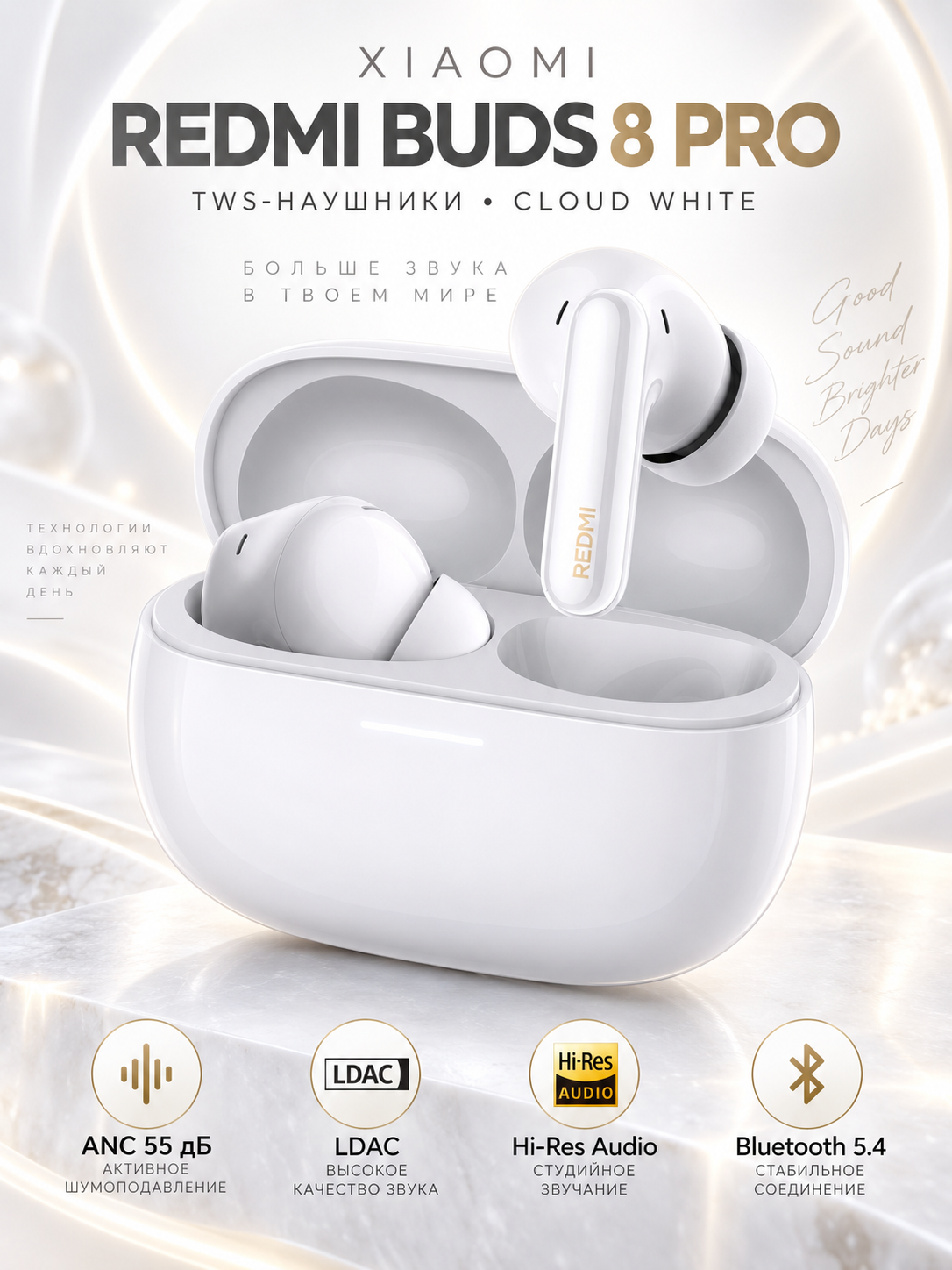 TWS-наушники Xiaomi REDMI Buds 8 Pro, ANC 55 дБ, LDAC, Hi-Res, Bluetooth 5.4, IP54, Cloud White