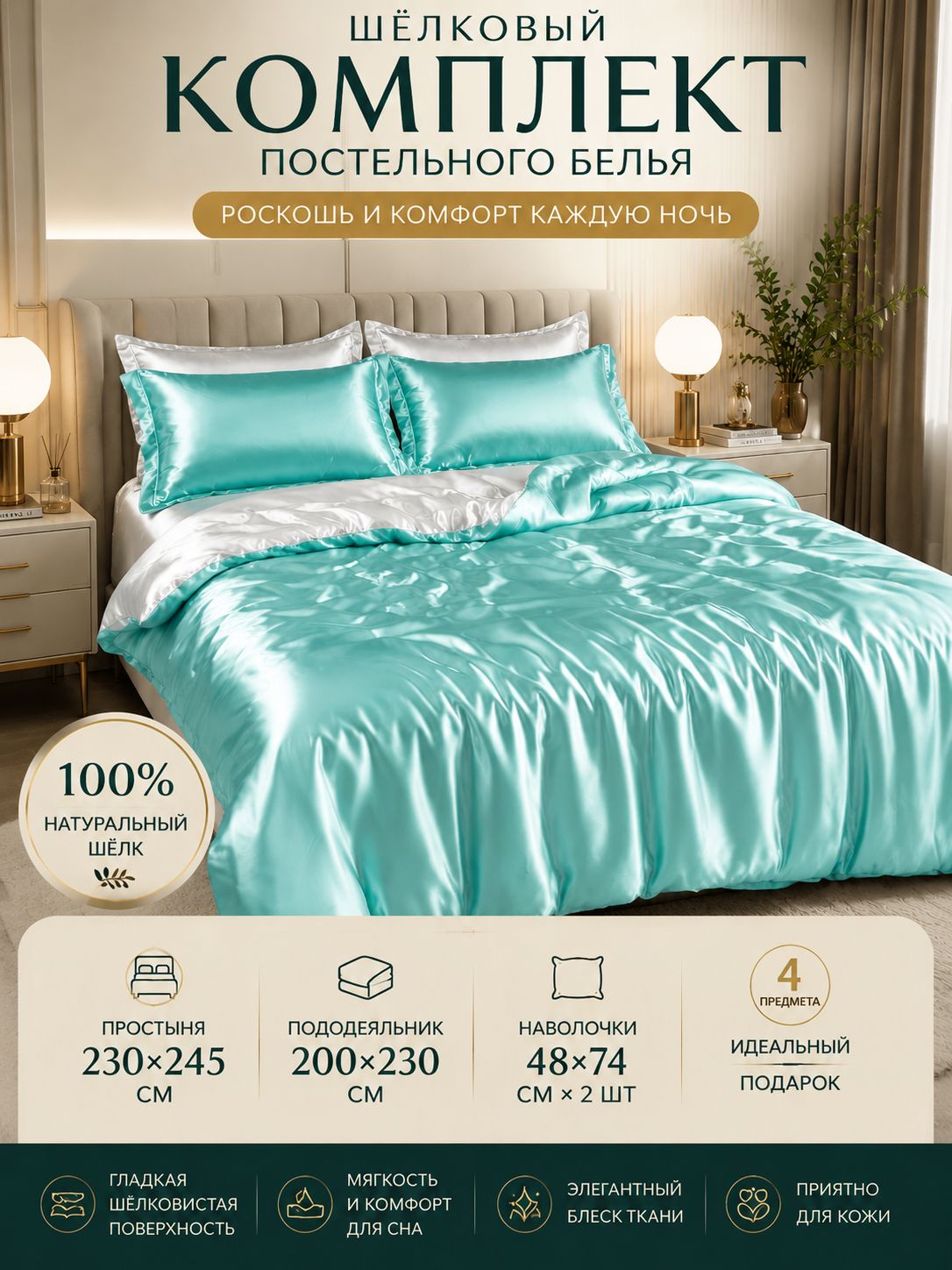 Комплект постельного белья 2-спальный натуральный шелк 200x230 см, наволочки 48x74, простыня 230x245 см, цветголубой