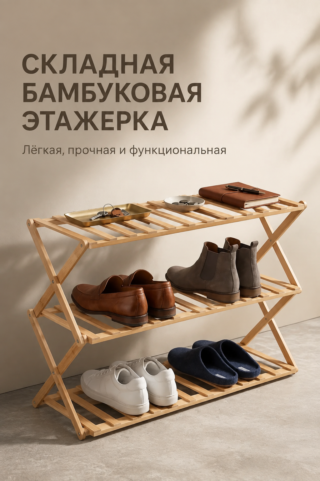 Складная бамбуковая этажерка на 3 полки, 68×25×45,5 см, бежевый цвет