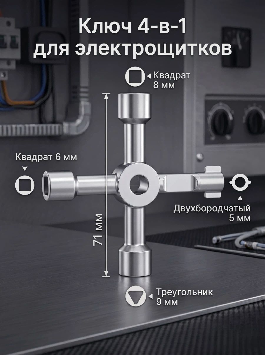 Универсальный ключ для электрошкафов 4 в 1: треугольный и квадратный ключ для электрощитов, лифтов, сантехники, из углеродистой стали, серебристый, 71x71 мм