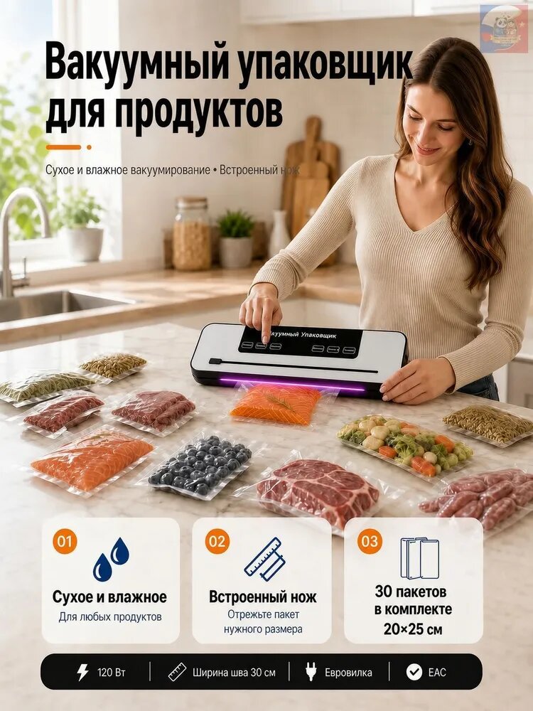 Вакууматор для продуктов, вакуумный упаковщик с русским меню, ширина запайки 30 см, + 30 пакетов в комплекте