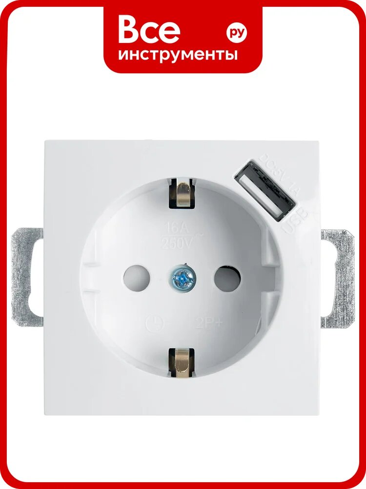 1-местная розетка STEKKER с заземлением, механизм, 250В, 16А, с USB 1А, серия Эрна, белый 39318