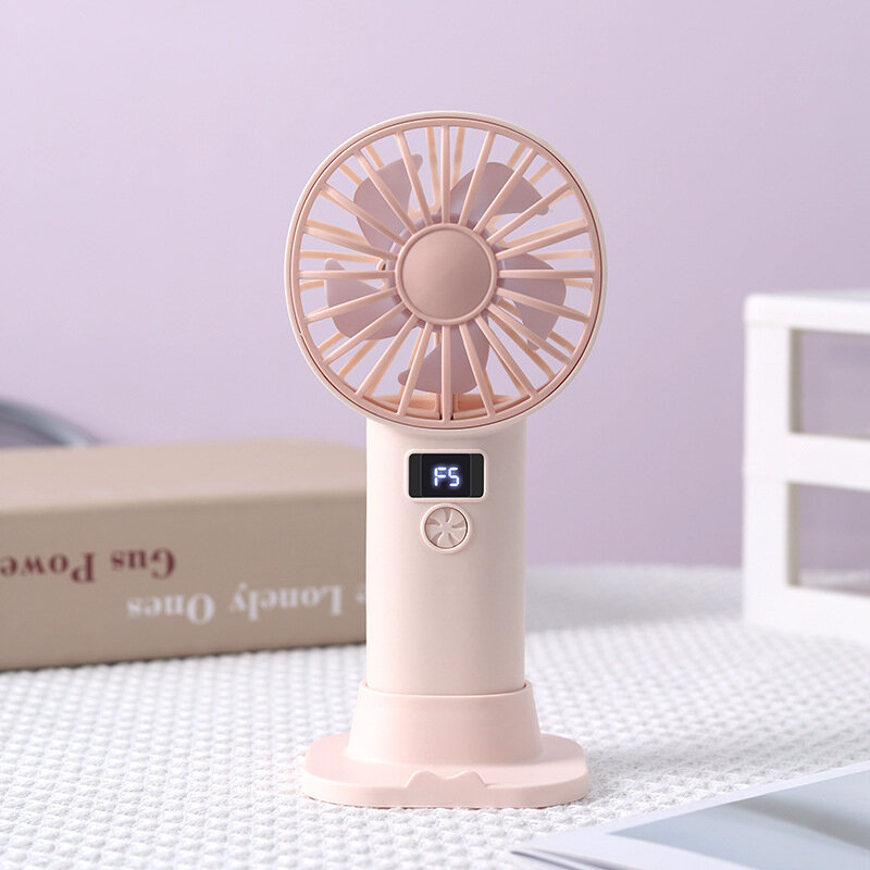 Мини-вентилятор с цифровым дисплеем, 5 скоростями, зарядкой через USB и креплением для телефона, розовый