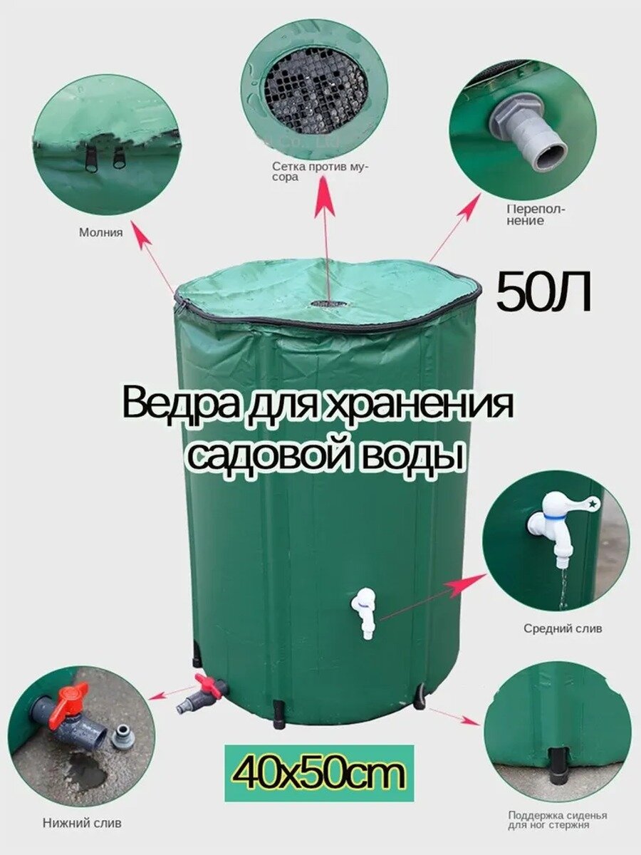 Бочка садовая полиэстер 50л с крышкой, зеленая, 40x40x50, для повседневного использования