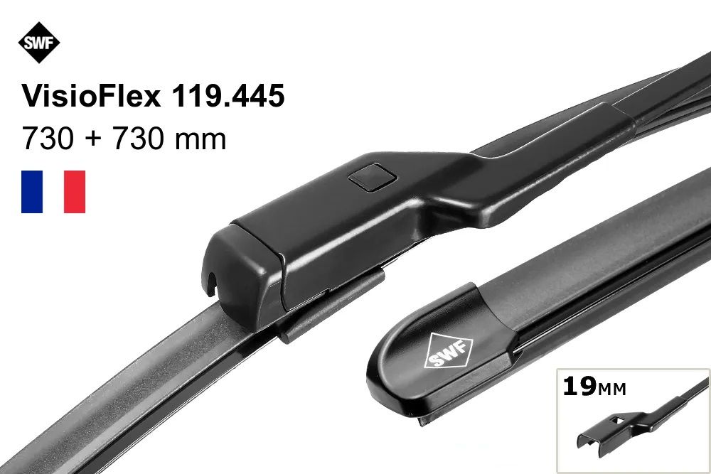 Щетки стеклоочистителя SWF Flat Blade OE SF445 (119445), бескаркасные, 730мм + 730мм, 2 шт, Push Button 19mm, для Ford Focus 3
