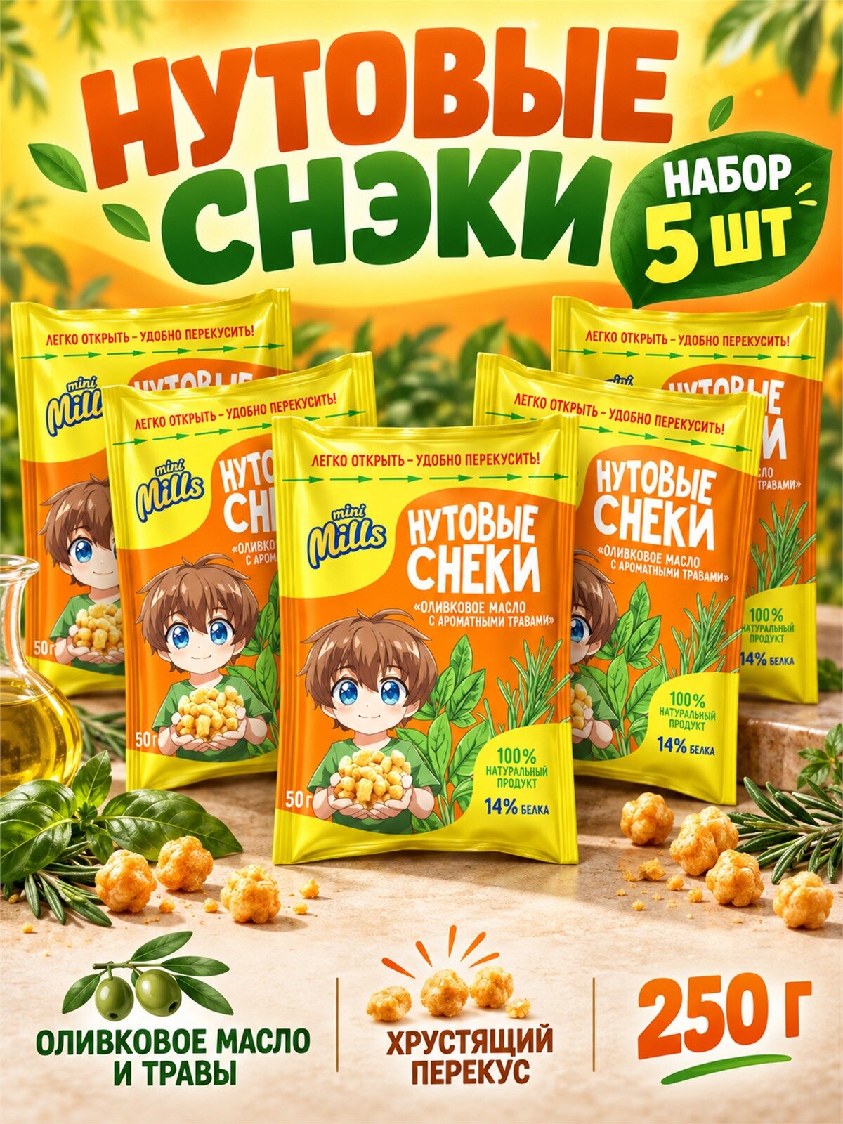 Mini Mills нутовые снэки оливковое масло и травы 50 г, 5 штук, перекус из нута