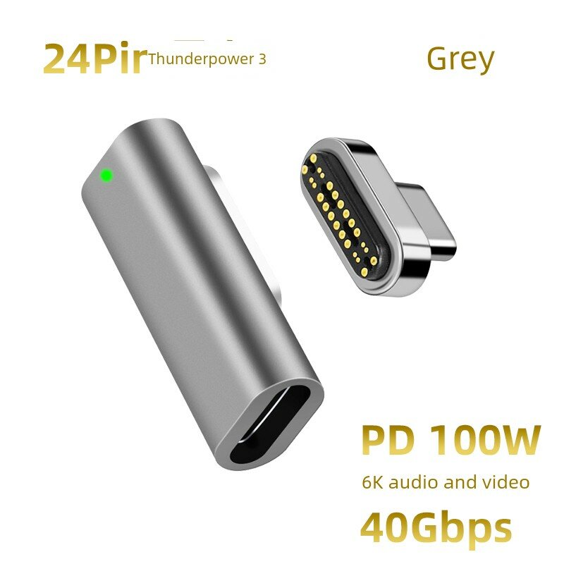 Магнитный адаптер Type-C к Thunderbolt 3 с 24-пиновым разъемом, алюминий, серый, изогнутый конец