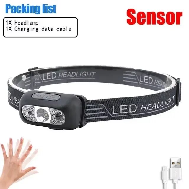 NEWBIRTH Портативный налобный фонарь черный 5Вт 350 люмен USB rechargeable Sensor Headlamp