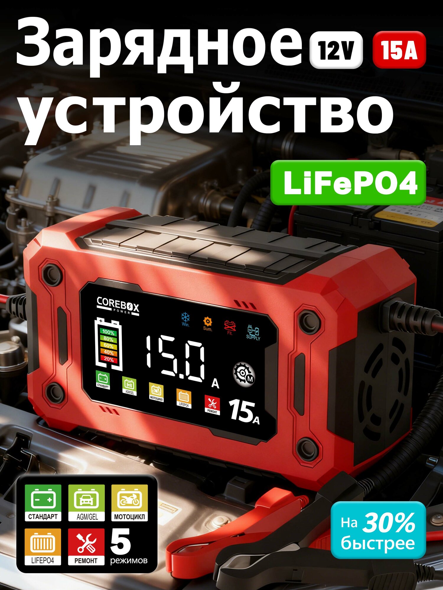 Зарядное устройство для аккумуляторов автомобиля и мотоцикла 12В/15A для запуска автомобиля и зарядки аккумулятора, с пр