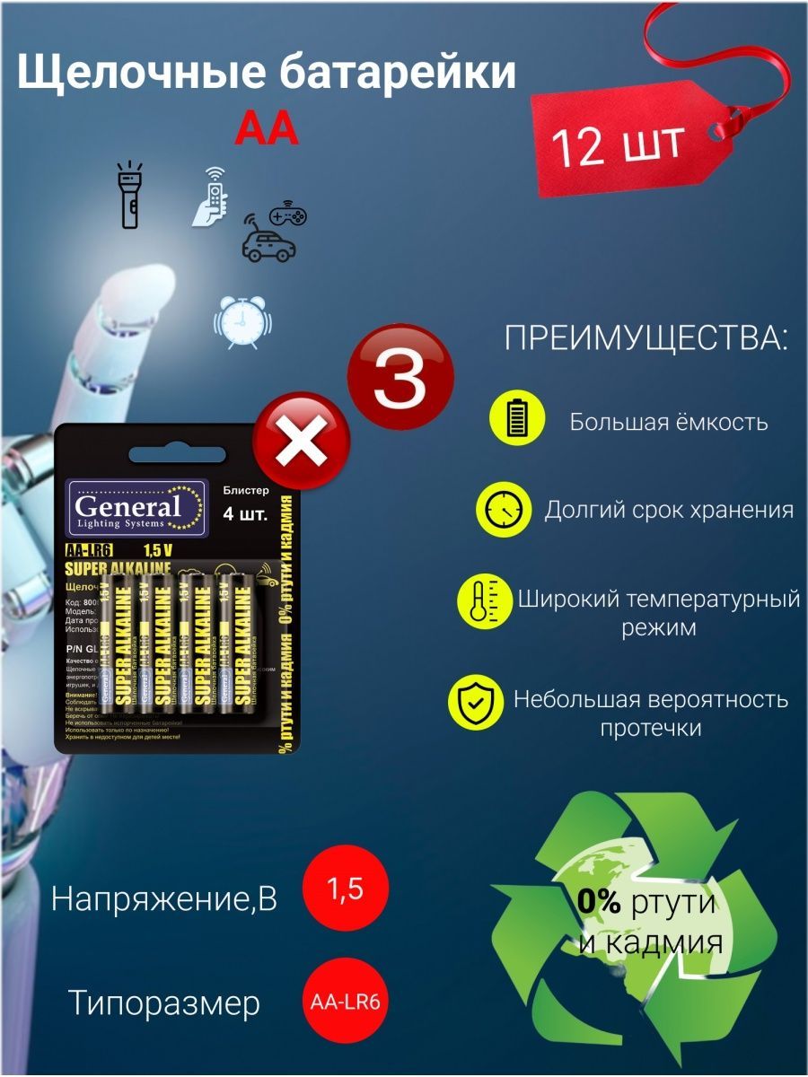 Батарейка , Количество 12 шт, Химический тип Щелочной, Форм-фактор LR6 AA
