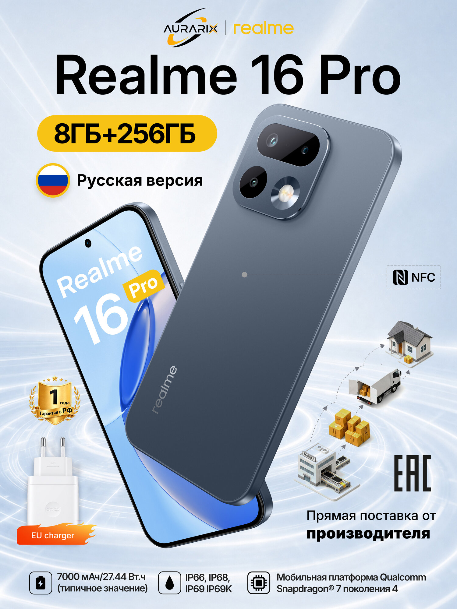Смартфон realme 16 Pro 5G, 8 ГБ/256 ГБ, Master Grey (Серый), 200 Мп, 7000 мА·ч