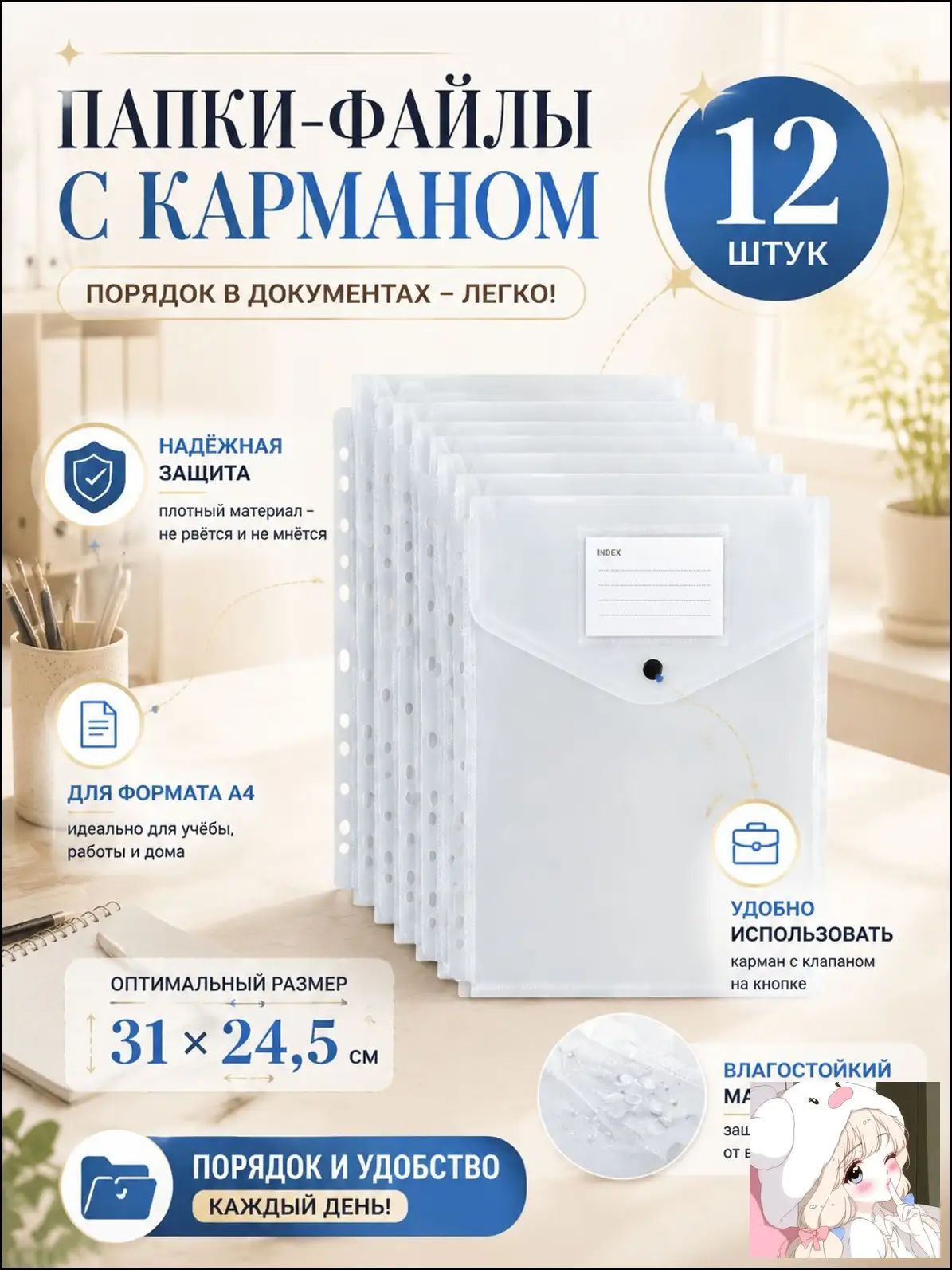 Папка с файлами А4, 12 шт, прозрачная, с карманами и перфорацией, для документов и канцелярии