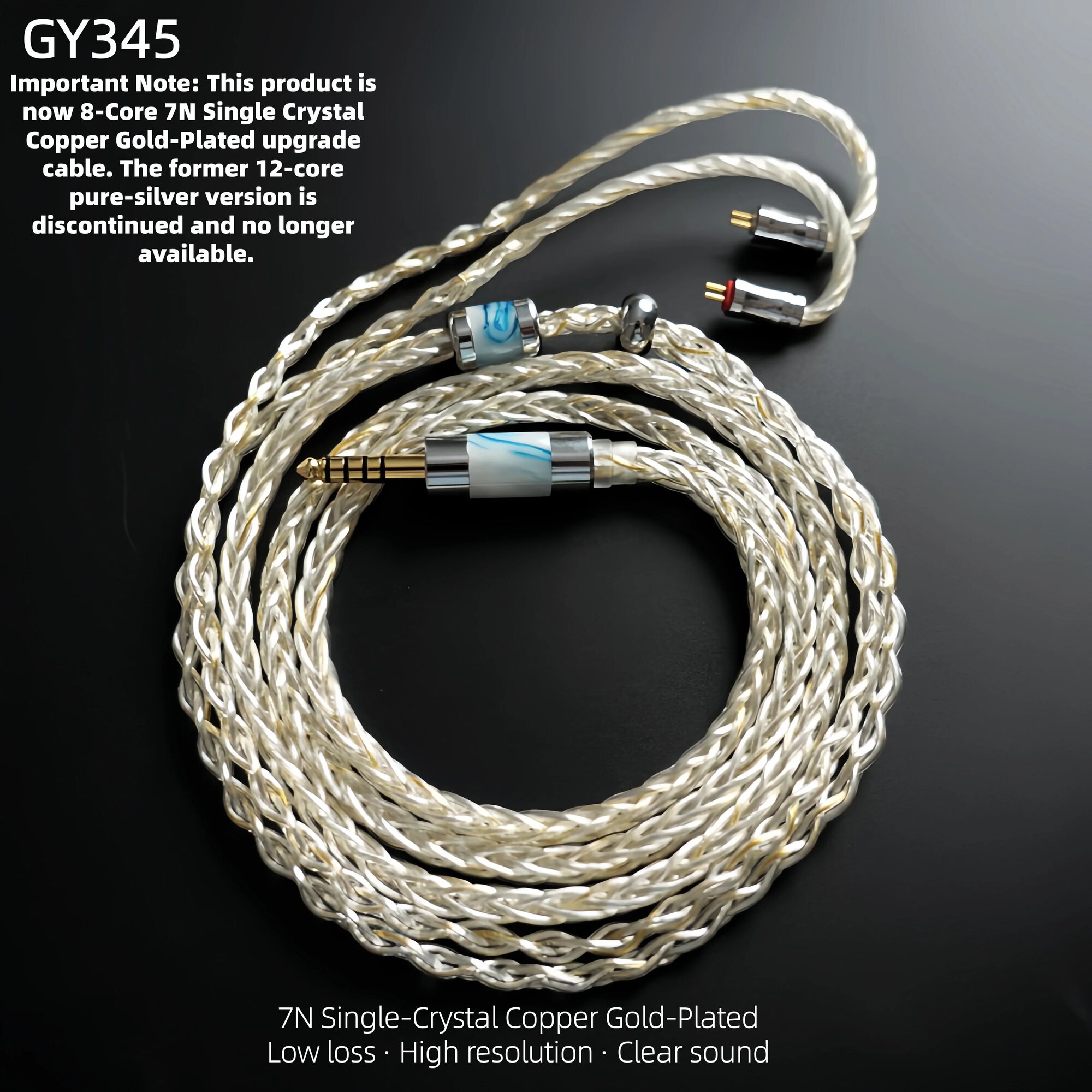 Аудиокабель HiFi-345 MMCX, 3.5mm, recessed 2pin, серебряный
