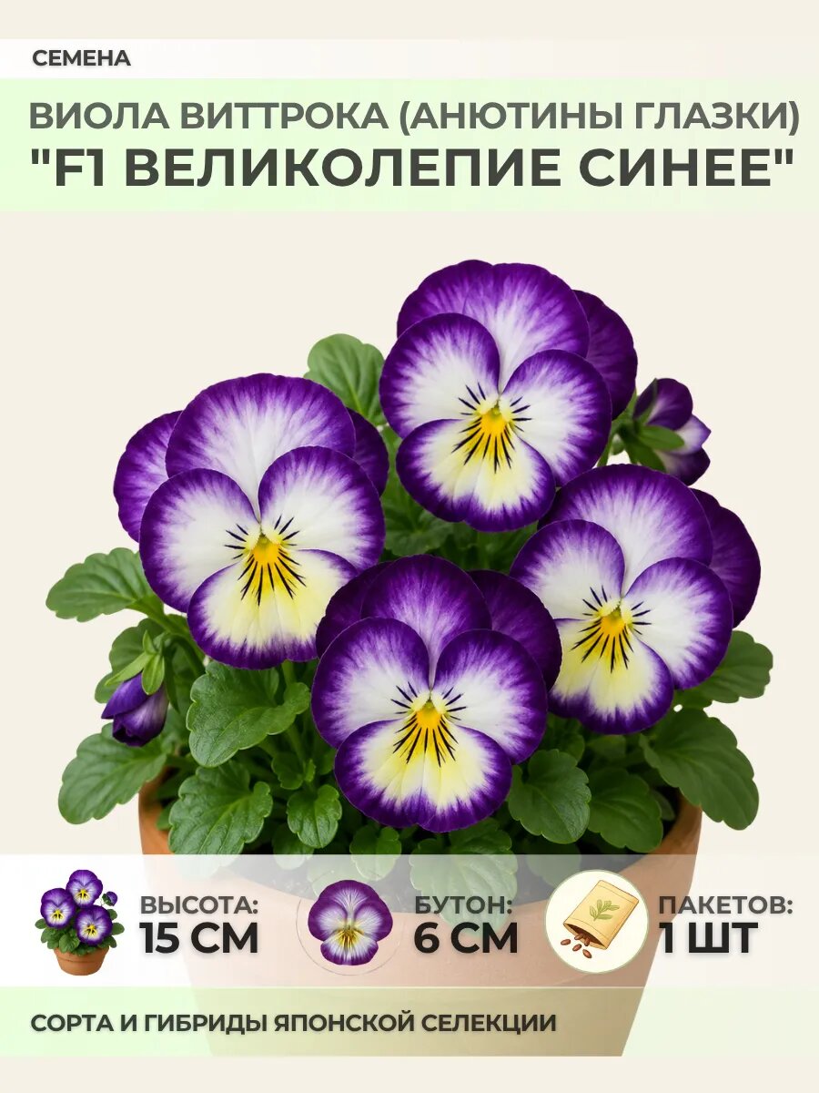 Виола "Великолепие Синее" F1, крупные насыщенно-синие цветки, японский гибрид, 1 упаковка, 5 шт. семян.