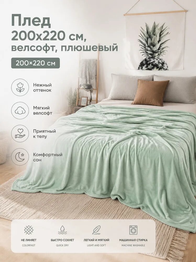 Плед 200x220 см велсофт плюшевый, Плед из кораллового бархата светло-зеленый