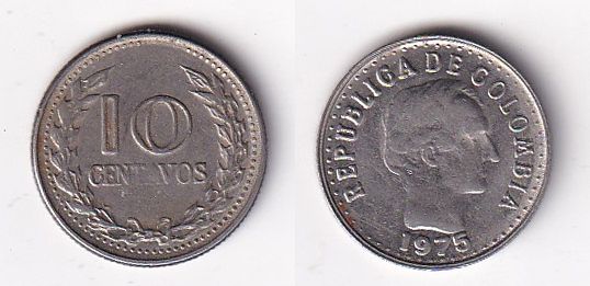 Колумбия 10 сентаво 1975 год