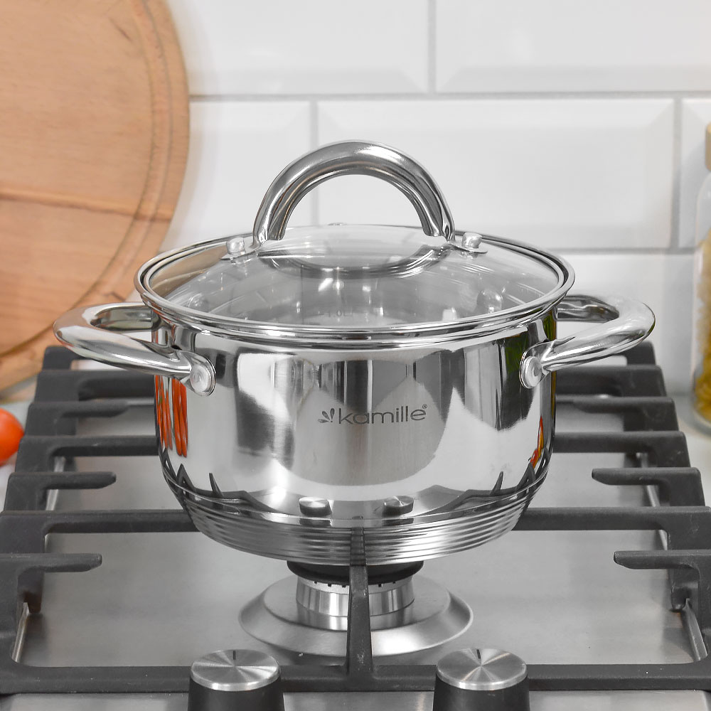 Кастрюля Kamille "HoReCa" 1,7л из нержавеющей стали с крышкой, индукция, полые ручки