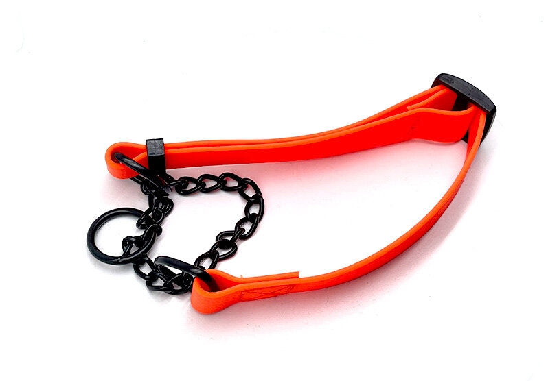 Ошейник из биотана гриппи на черной цепочке мартингейл шир.25 мм оранжевый размер XL