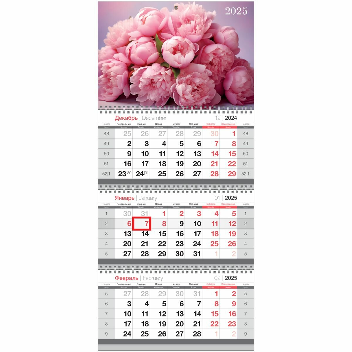 5 шт. Календарь квартальный 3 блока BG "Пионы", с бегунком, 2025г.