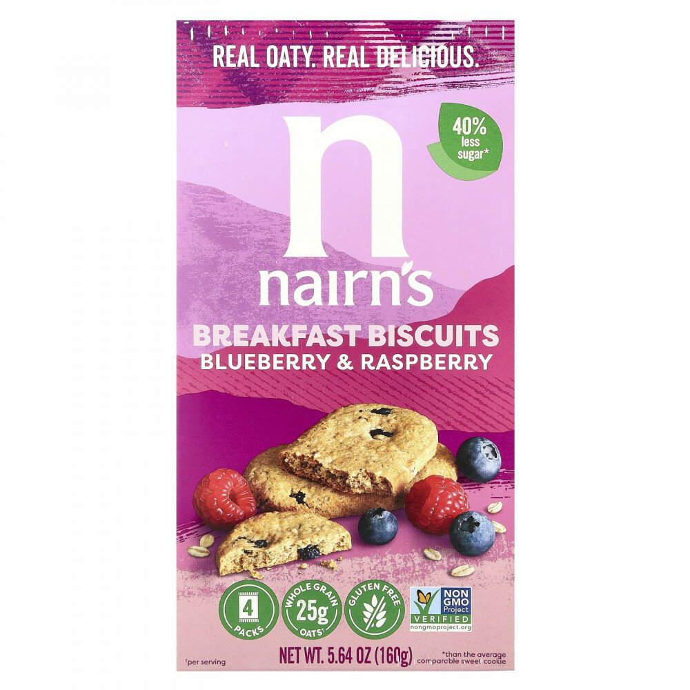 Nairn's, печенье для завтрака, голубика и малина, 160 г (5,64 унции)