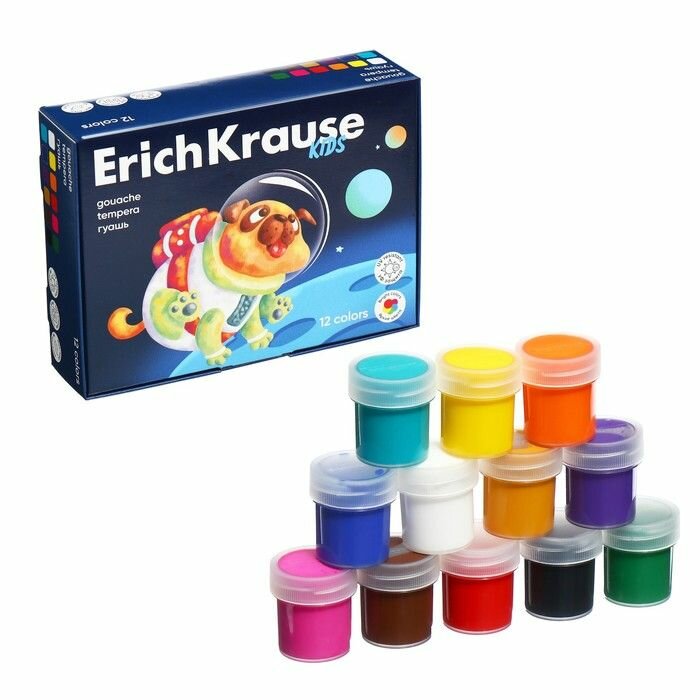 Гуашь Erich Krause 12 цветов по 20 мл, "Kids Space Animals", с УФ защитой яркости, в коробке (61410)