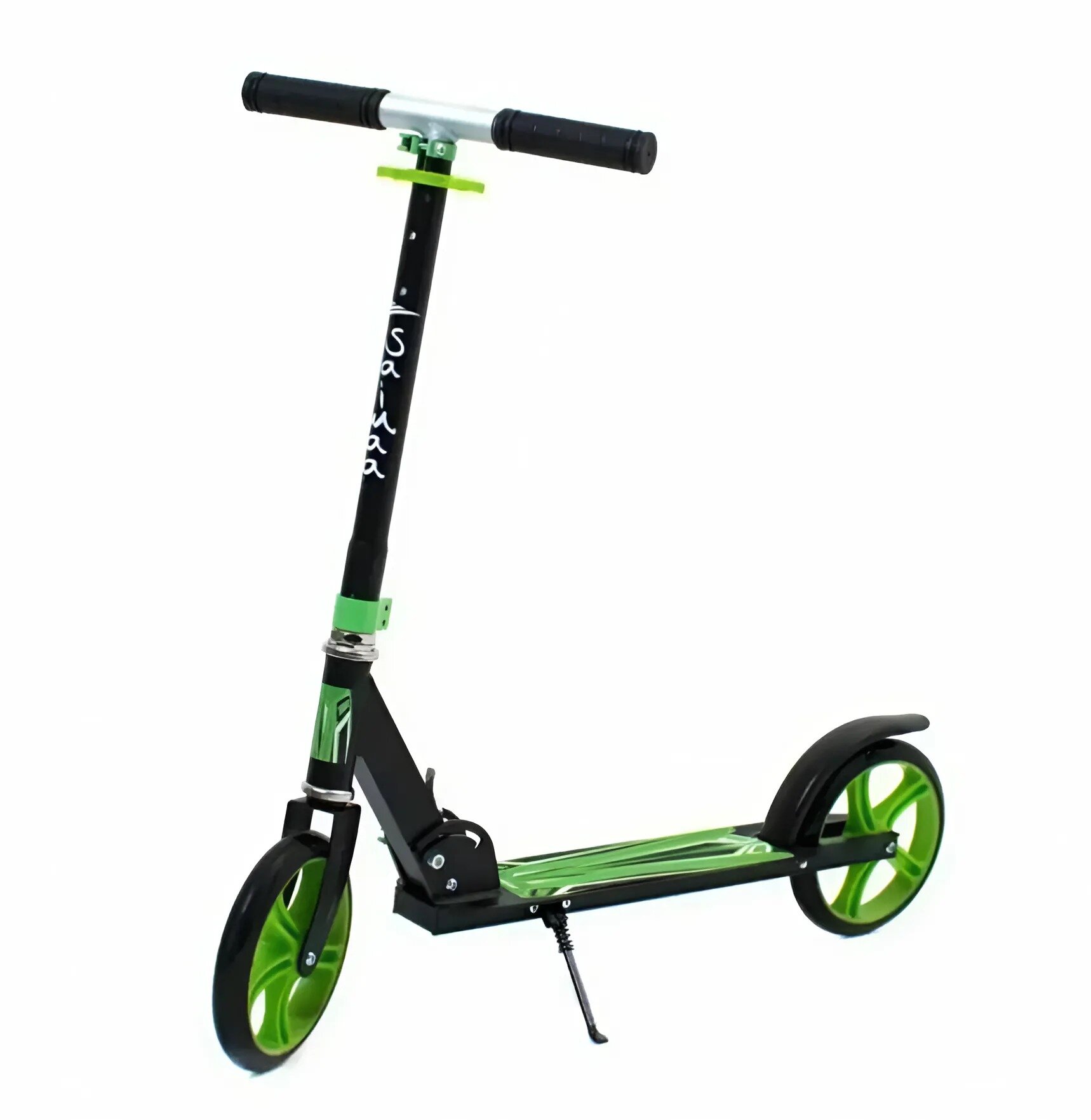Самокат двухколесный, Saimaa, складной, тормоз-крыло, алюминий, черный-зеленый