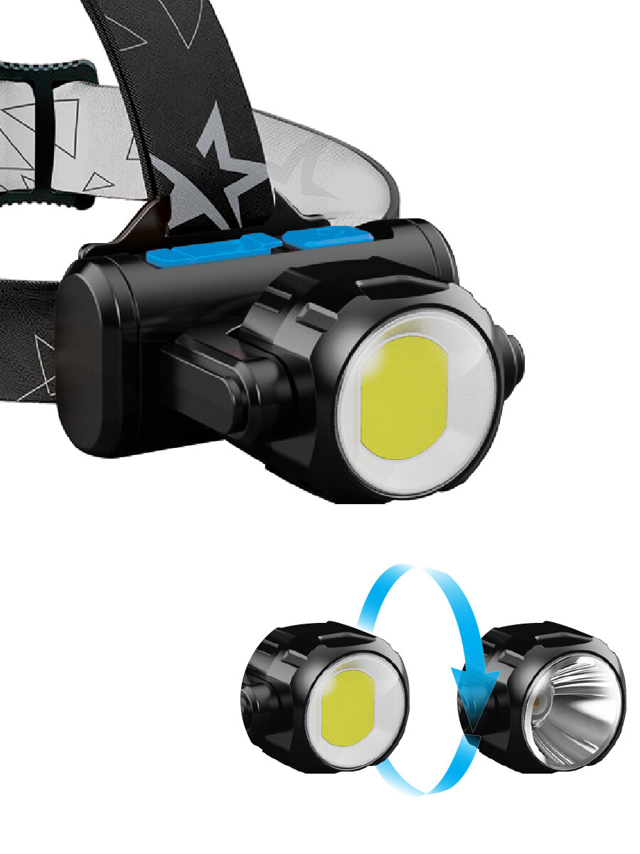 Фонарь налобный Космос аккумуляторный, 3 Вт XPE, 5 Вт COB, 1200 мАч, LI-On, зарядка micro USB