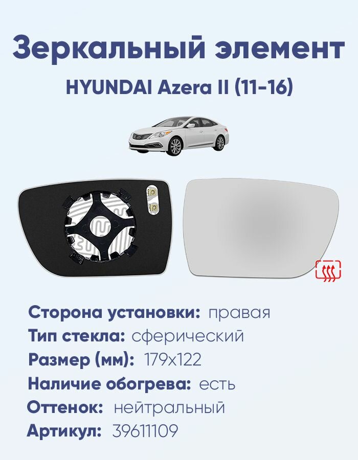 Зеркальный элемент правый HYUNDAI Azera II (11-16) сфера нейтральный с обогревом