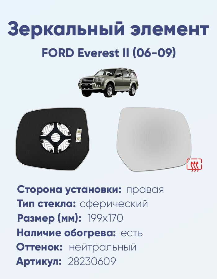 Зеркальный элемент правый FORD Everest II (06-09) сфера нейтральный с обогревом