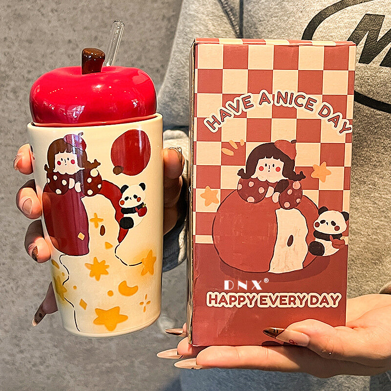 Керамическая кружка Apple Girl с крышкой для девушки, подарочная офисная кофейная чашка, милая чашка для воды с трубочкой