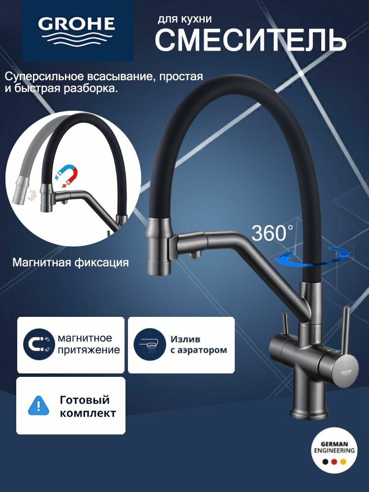 Кухонный смеситель Grohe, с фильтром для питьевой воды, с гибким изливом, серый