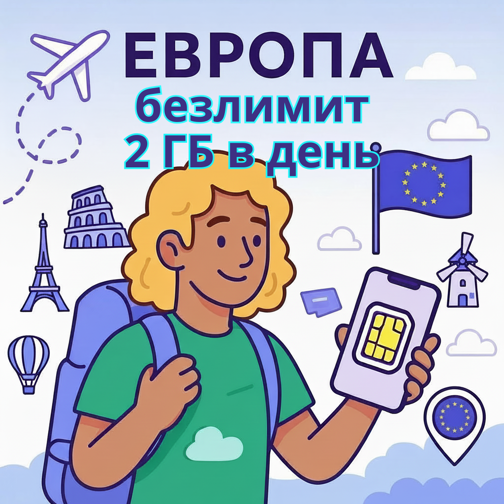 ESIM Европа • Интернет • Безлимит 2 ГБ/день • 5G/4G • Для телефона и планшета