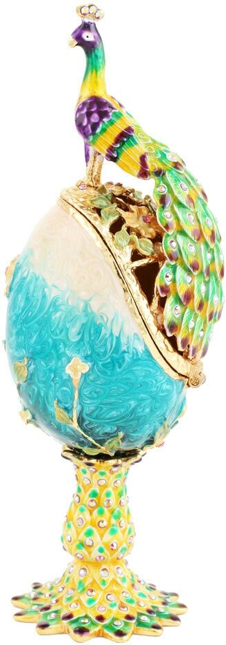 Яйцо-шкатулка в стиле Фаберже С павлином, синее, 14 см