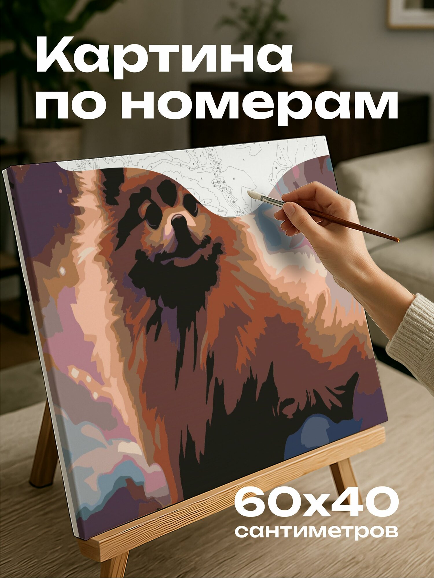 Картина по номерам 60x40 см, шпиц, грация, поза, аура, звезды, облака, цвета, детали, элегантность, причудливость