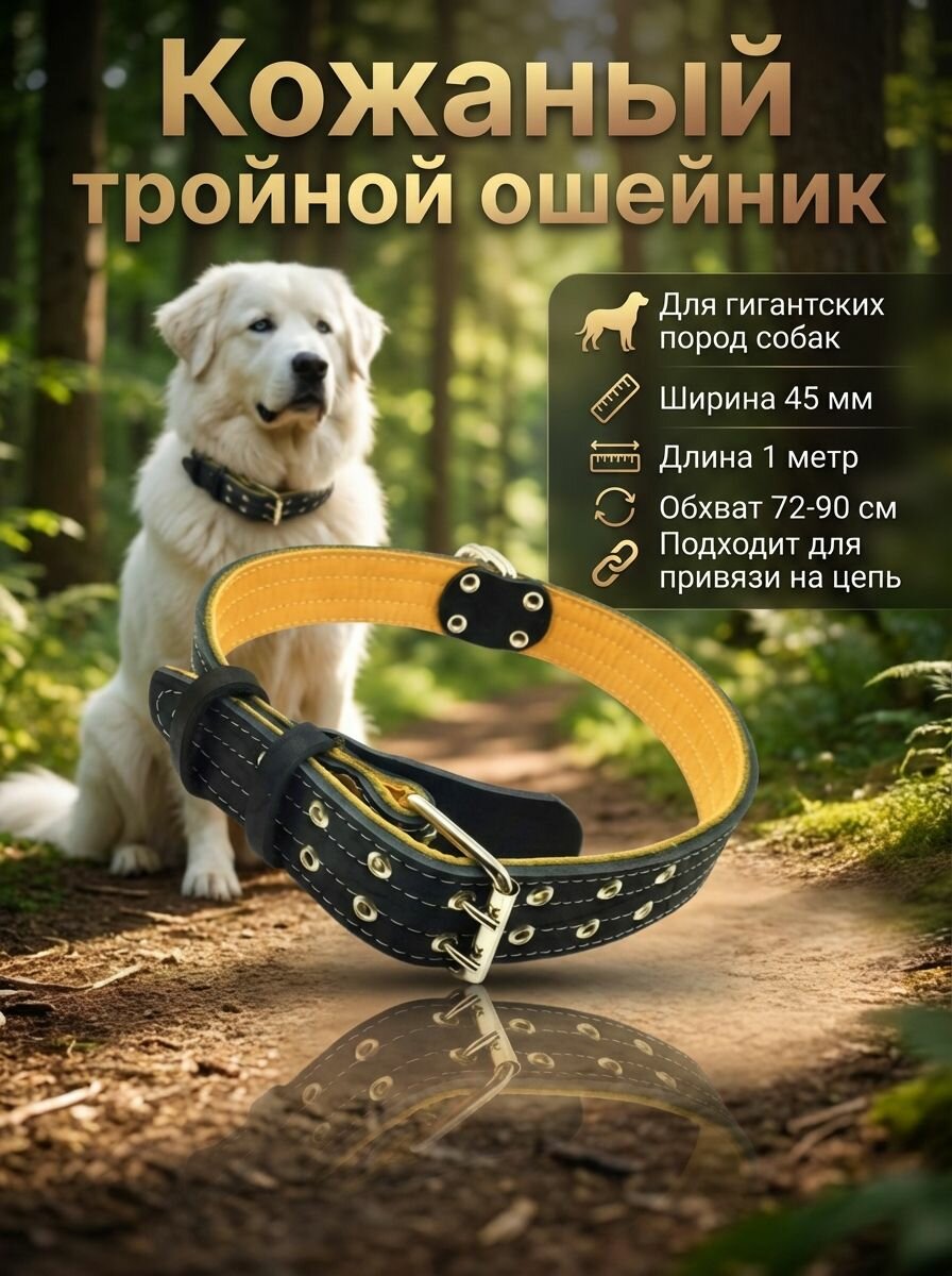 Ошейник из натуральной кожи для гигантских пород собак. Трёхслойный, два сварных полукольца. Кожаный ошейник 45 мм*1 м. Объём шеи 72-90 см.