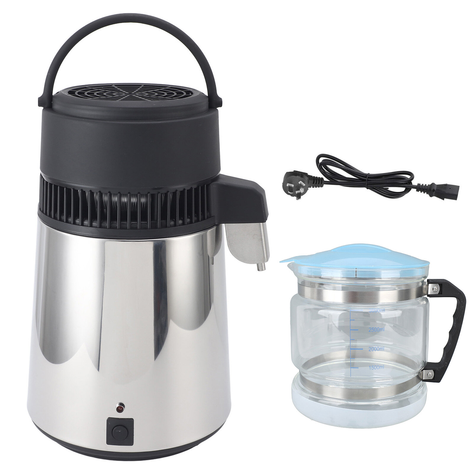 Дистиллятор воды 4 л, серебристый, 750 Вт, из нержавеющей стали, автоматический, с одной кнопкой, стеклянный контейнер, синяя крышка, вилка AU 220 В