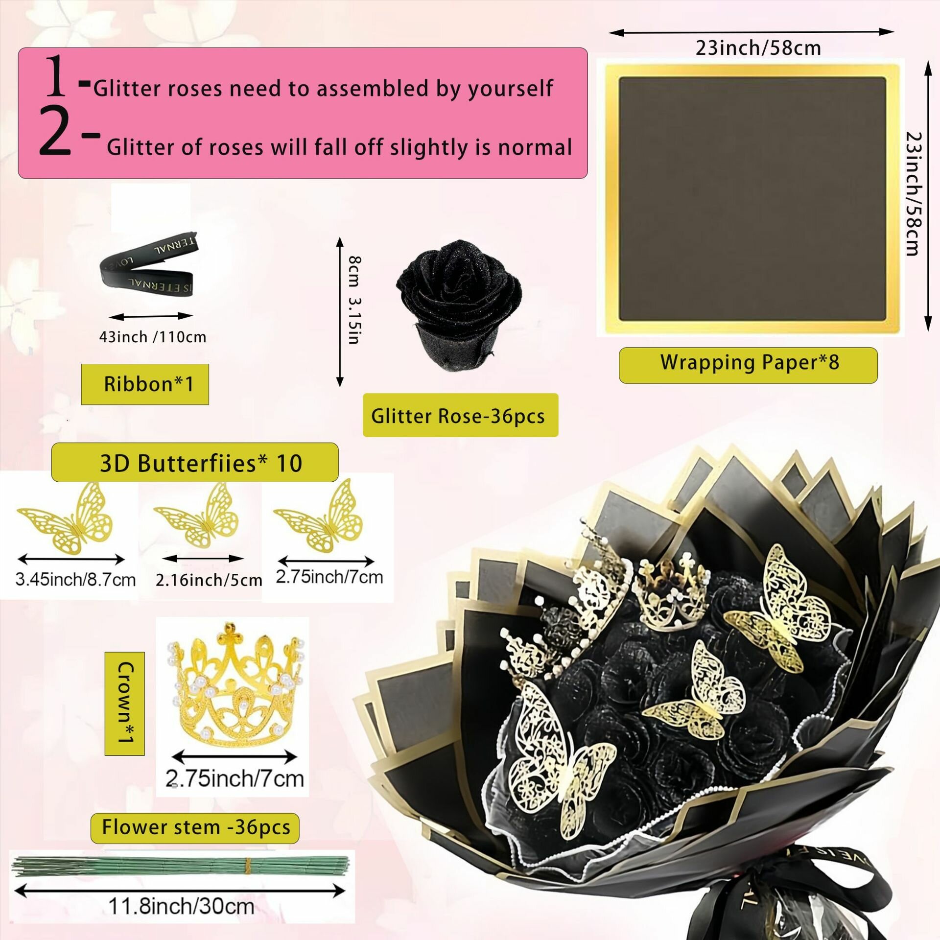 Блестящие розы, 3D-бабочки, корона, 24-36 штук, золотой блестящий букет, искусственные розы, бумага для упаковки своими руками, искусственные цветы на Хэллоуин.