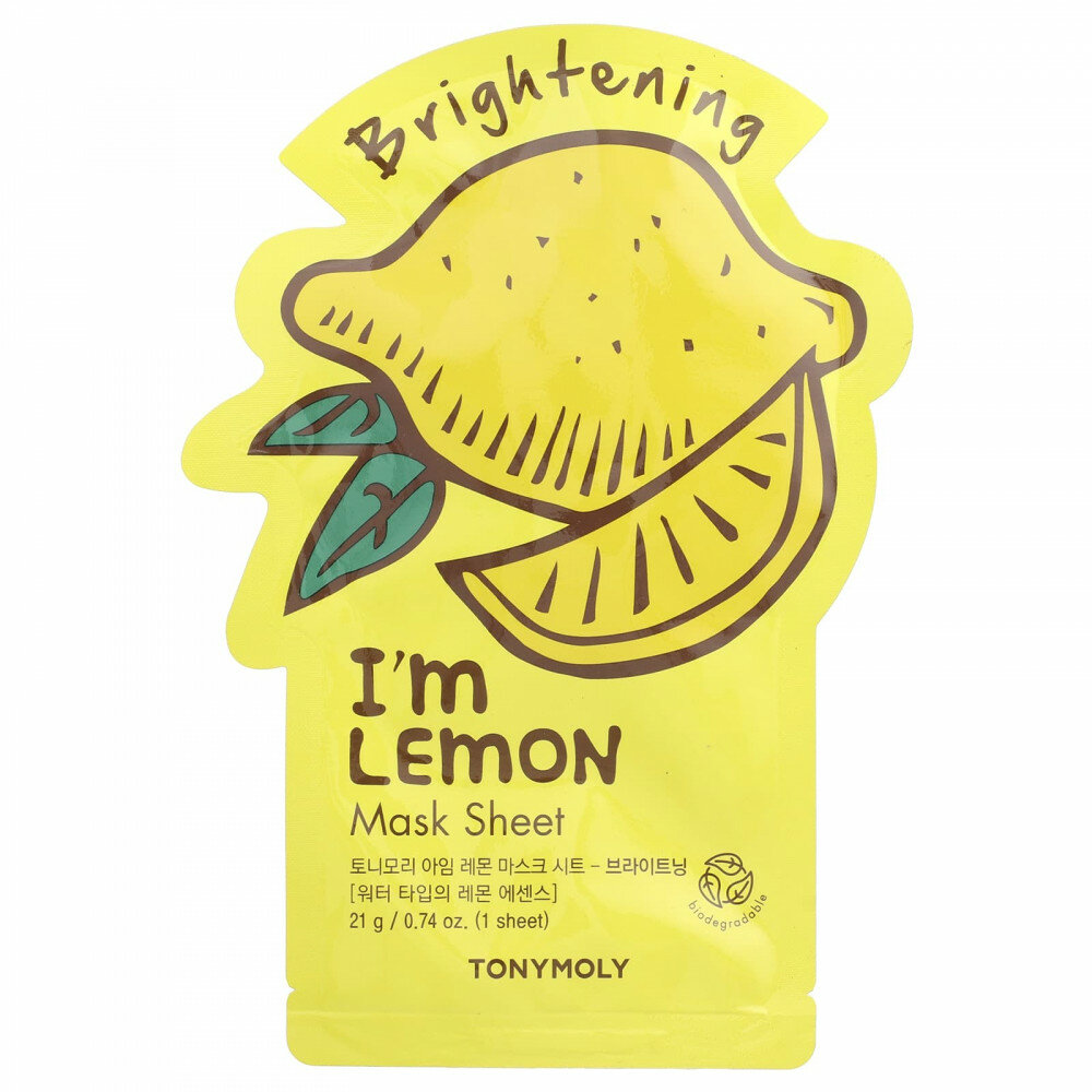 TonyMoly, I'm Lemon, осветляющая тканевая маска, 1 шт, 21 г (0,74 унции)