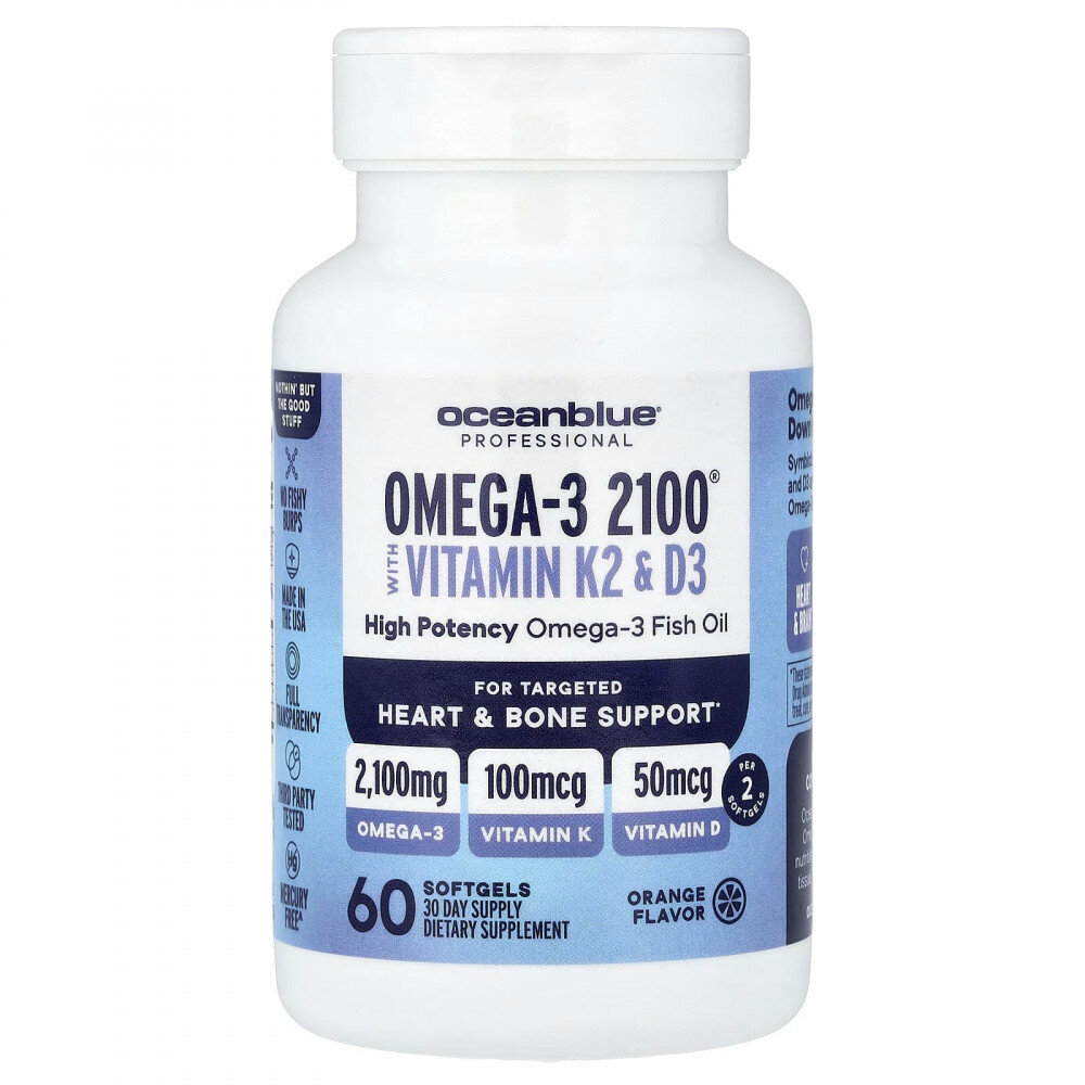 OceanBlue, Professional, Omega-3 2100® с витаминами K2 и D3, апельсин, 60 капсул