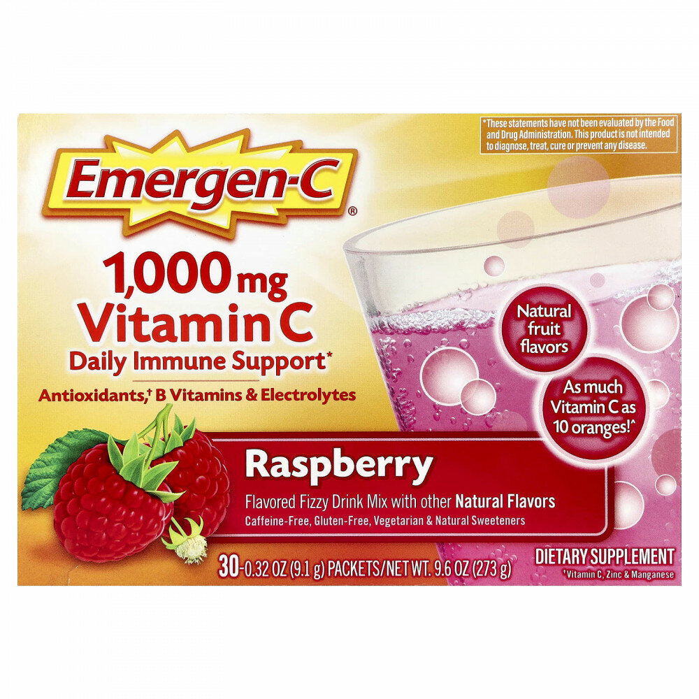 Emergen-C, витамин C, малина, 30 пакетиков, 9,1 г (0,32 унции) каждый