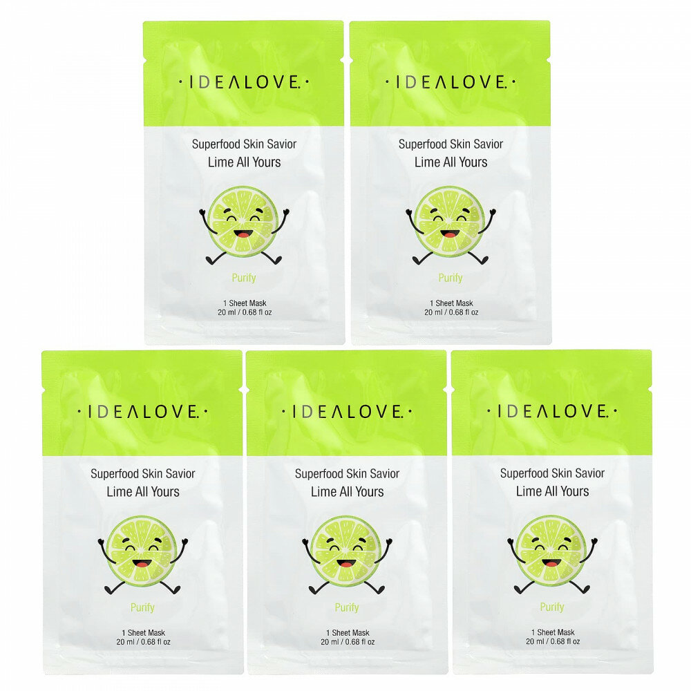 Idealove, Superfood Skin Savior, маска с суперфудами, лайм, 5 шт. по 20 мл (0,68 жидк. унции)