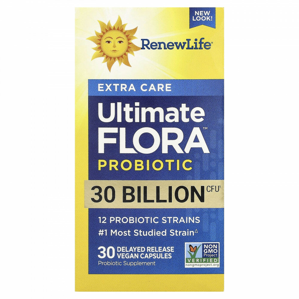 Renew Life, пробиотик Extra Care Ultimate Flora™, 30 млрд КОЕ, 30 веганских капсул с отсроченным высвобождением