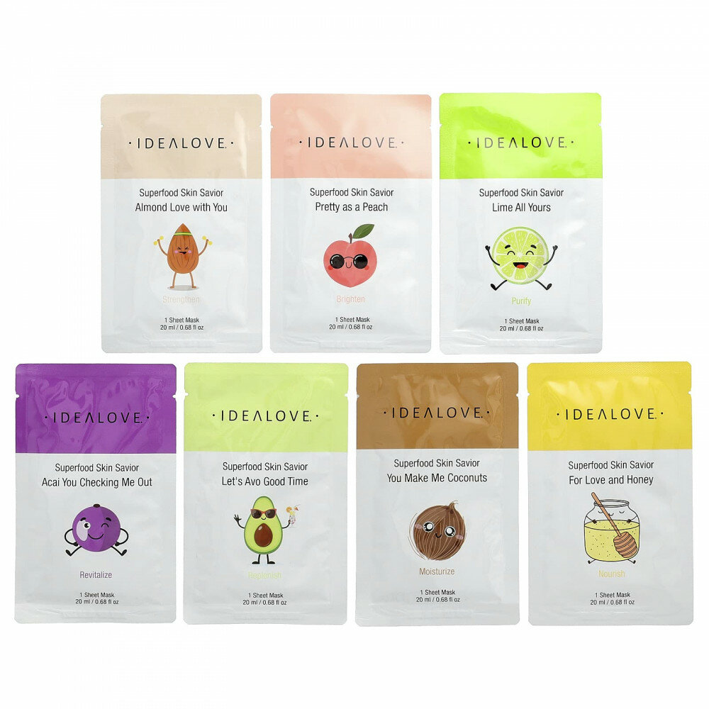 Idealove, Superfood Skin Savior, набор разных масок с суперфудами, 7 тканевых масок по 20 мл (0,68 жидк. унции)