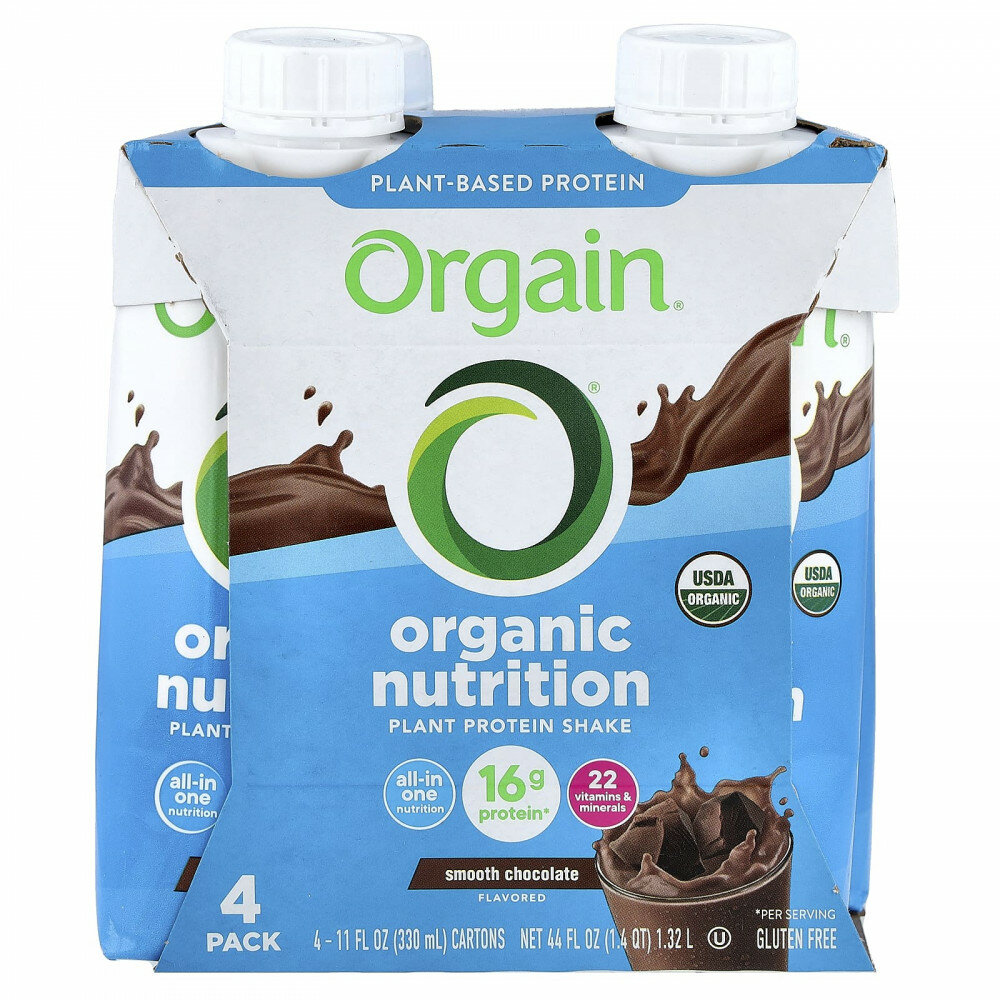 Orgain, Organic Nutrition, коктейль из растительных протеинов, нежный шоколад, 4 пакетика по 330 мл (11 жидк. унций)