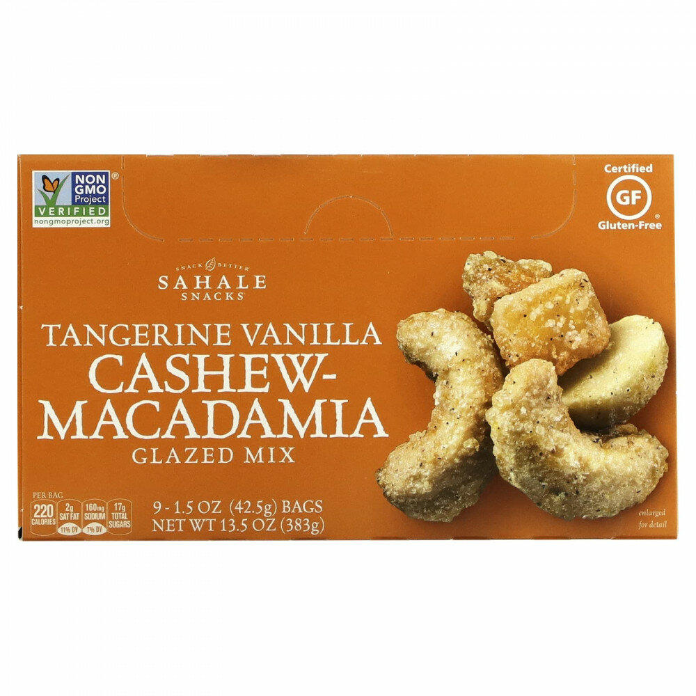 Sahale Snacks, Глазированная смесь, мандарин, ваниль, кешью и макадамия, 9 пакетиков, 42,5 г (1,5 унции) каждый