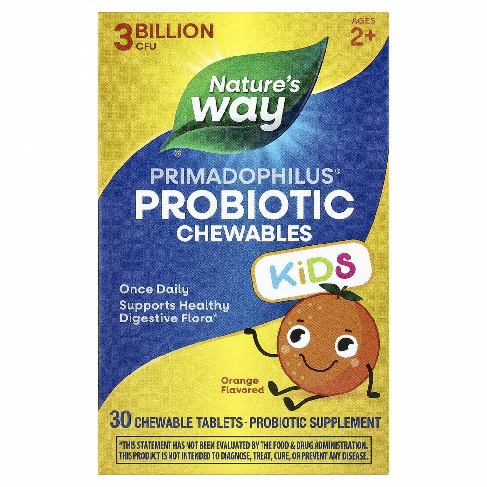 Nature's Way, Primadophilus®, жевательные пробиотики, для детей от 2 лет, с апельсиновым вкусом, 3 млрд КОЕ, 30 жевательных таблеток