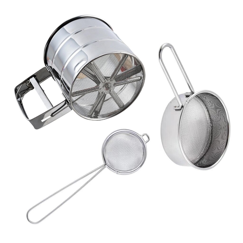 Набор из 3-х Ручных чашек для просеивания муки из нержавеющей стали и машины для просеивания порошка для легкой выпечки и приготовления пищи
